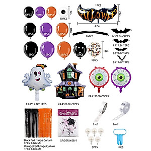 187Pcs Halloween Balloons Arch Garland Kit, 12 Inches Black Orange Purple Halloween Balloons Ghost Eyes House Spider Web Bat Decorations Inflatable Foil Balloon, Indoor Outdoor Halloween Decor Party