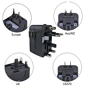 Travel Adapter, Worldwide All in One Universal Travel Adapter Wall Charger AC Power Plug Adapter with Dual USB Charging Ports for USA EU UK AUS, Cell Phone Laptop, Black