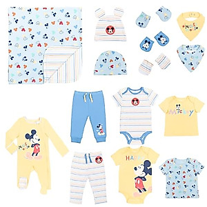 Disney Mickey Mouse Baby Boys Coverall Bodysuits T-Shirts Pants Accessories and Blanket 15 Piece Layette Set 0-6 Months