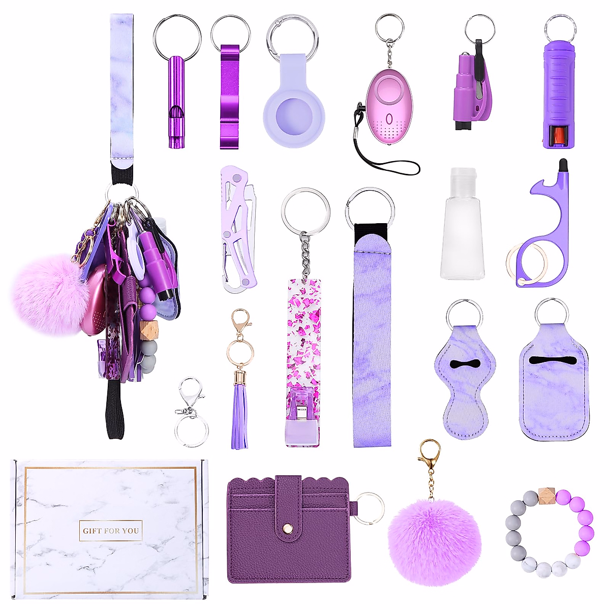 Ankilo Newest Newest Safety Keychain Set for Women, Safety Keychain Accessories, Bracelet Wristlet Keyring for Girls with Personal Alarm, No Touch Door Opener, Whistle and Pompom (Purple)