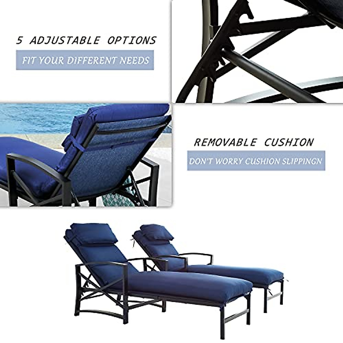 LOKATSE HOME 2 Piece Patio Chaise Lounge Chair Outdoor Furniture Set All Weather Metal Adjustable Backrest and Armchair with Removable Comfy Cushions, Blue