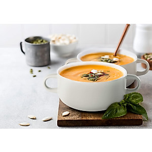 Kook Soup Crocks, Ceramic Bowls, Broil, Oven, Microwave and Dishwasher Safe, with Handles, For Casserole, Pasta, Cereal, 18 oz, Set of 4 (Coconut White)