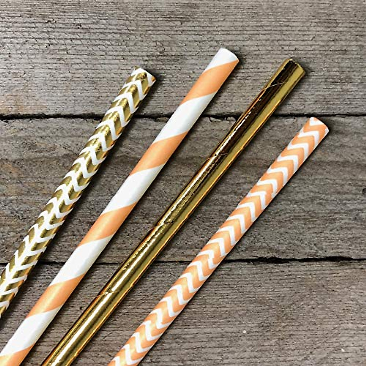 Coral Peach and Gold Foil and Paper Straws - Stripe Chevron - 7.75 Inches - Pack of 100