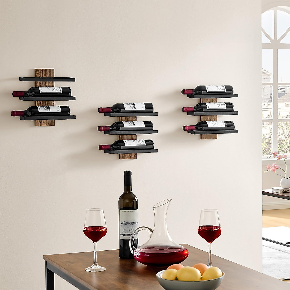 Hoctieon 3-Set 3 Tier Wall Mount Wine Rack, Wood Wine Racks for Wall, Wall Mounted Wine Bottle Rack, Wine Wall Rack, Wine Holder Wall Mounted, Wall Mounted Wine Bottle Racks for Display, Rustic Brown