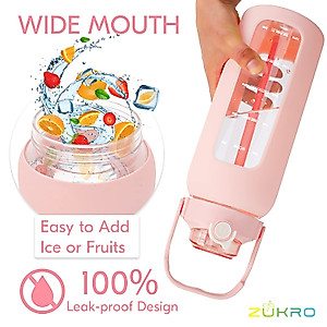 Zukro 64 oz Glass Water Bottle, Motivational Reusable Large Half Gallon Reusable Water Jug With Handle and Straw, Silicone Sleeve for Sport, Gym and Workout, Time Marker Reminder Quotes to Drink