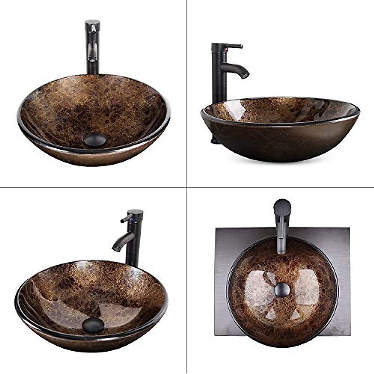 Bathroom Vessel Sink, 16.5" Artistic Glass Bathroom Bowl Basin with Faucet, Mounting Ring and Pop Up Drain, Brown