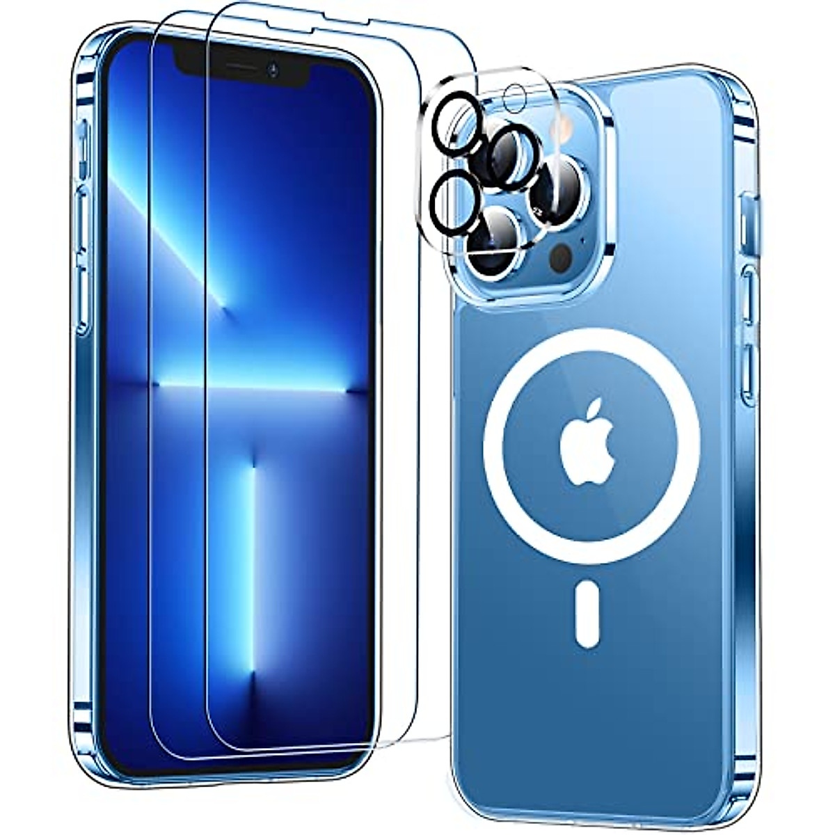 Temdan Magnetic for iPhone 13 Pro Max Case, [Compatible with MagSafe],[Anti-Yellowing][Glass Screen Protector+Camera Lens Protector] Slim Thin Shockproof Phone Case-Clear