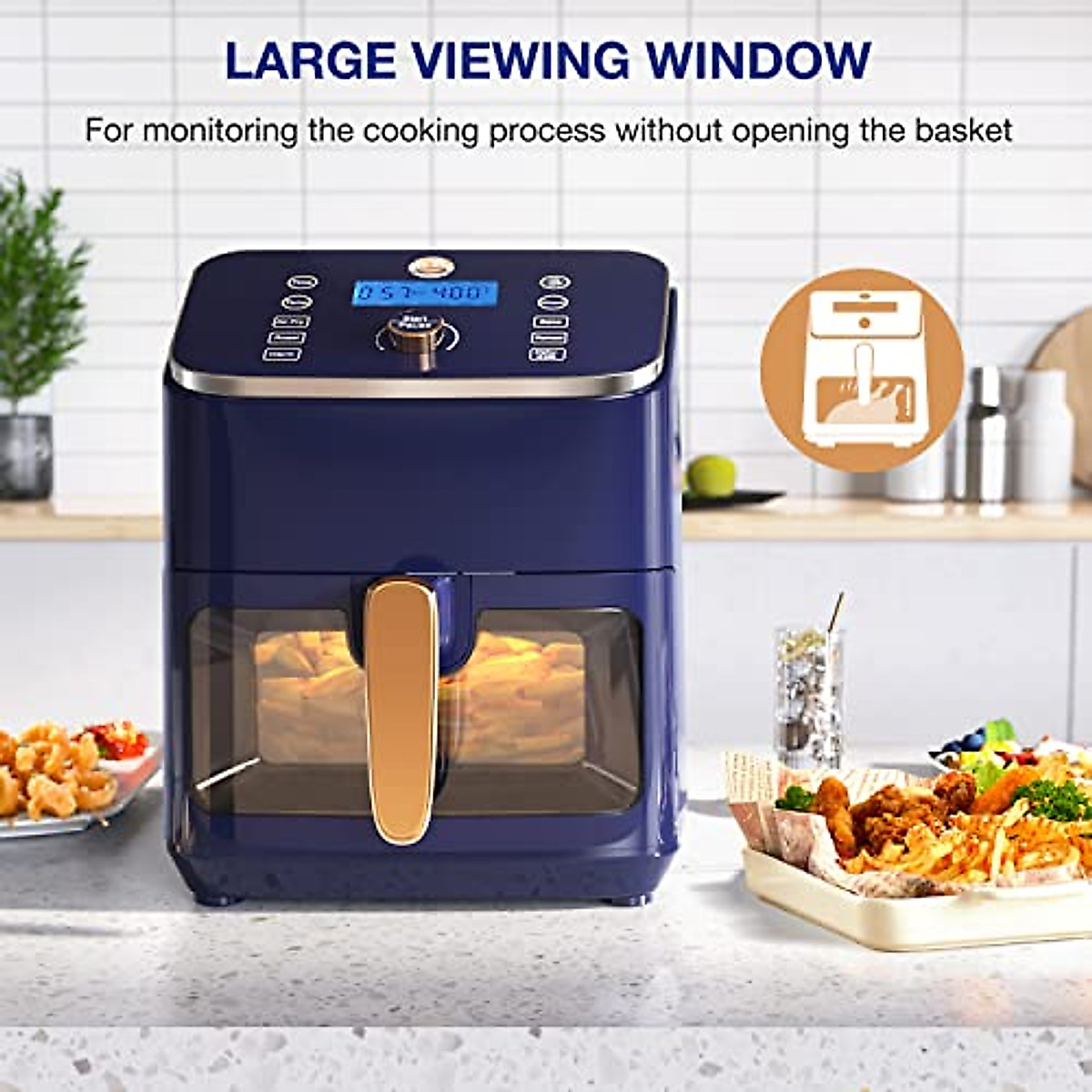 JOY Kitchen Digital Air Fryer with Viewing Window, 6 Cooking Settings, Shake Alert, Auto Shut Off, and Removable Non-Stick Fry Basket & Cooking Bowl, 6 Quart, 1300 Watts, Navy