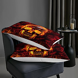 AILONEN Sugar Skull Comforter Set Twin Size,Red and Black Fire Skull Bedding Set,Romantic Red Rose Gothic Skeleton Comforter with 2 Pillowcases,3-Piece