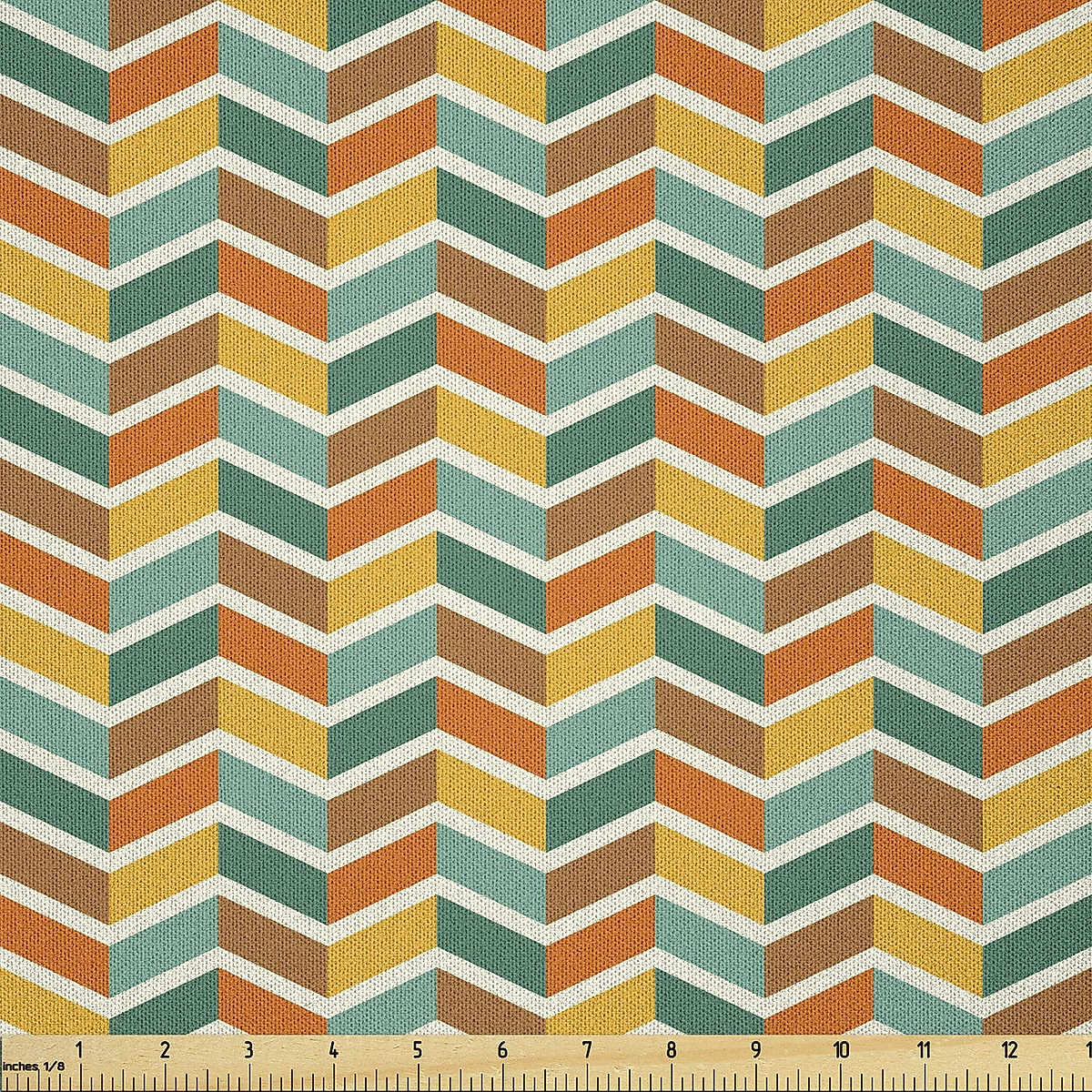 Ambesonne Abstract Fabric by The Yard, Retro Zigzag Earthy Tones Chevron Inspired Geometrical Symmetry Pattern, Microfiber Fabric for Arts and Crafts Textiles & Decor, 2 Yards, Orange and Jade Green