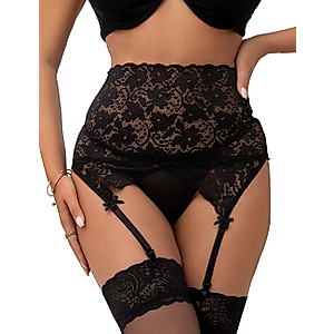 Plus Size Garter Belt High Waisted Sexy Lace Garter Panty Suspender Belt with 4 Clips for Women's Stockings M-5XL (Black, X-Large)