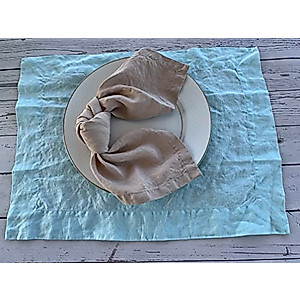 Eight Owls Stonewashed Linen Placemats – 15” x 20”– Set of 4-100% Pure Linen Cloth - Mitered Corners – 2" Hem – Coast (Aqua Lagoon)