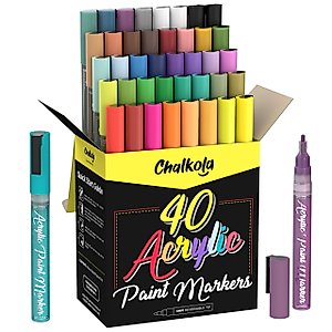 Chalkola 40 Acrylic Paint Pens Fine Tip for Rock Painting, Canvas, Ceramic, Glass, Fabric, Metal - Acrylic Paint Markers for Wood & Plastic - 40 Metallic, Neon & Pastel Colors for Kids & Adults