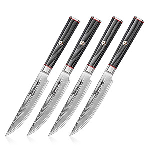 Cangshan YARI Series X-7 Damascus Steel 4-Piece Fine Edge Steak Knife Set with Ash Wood Box