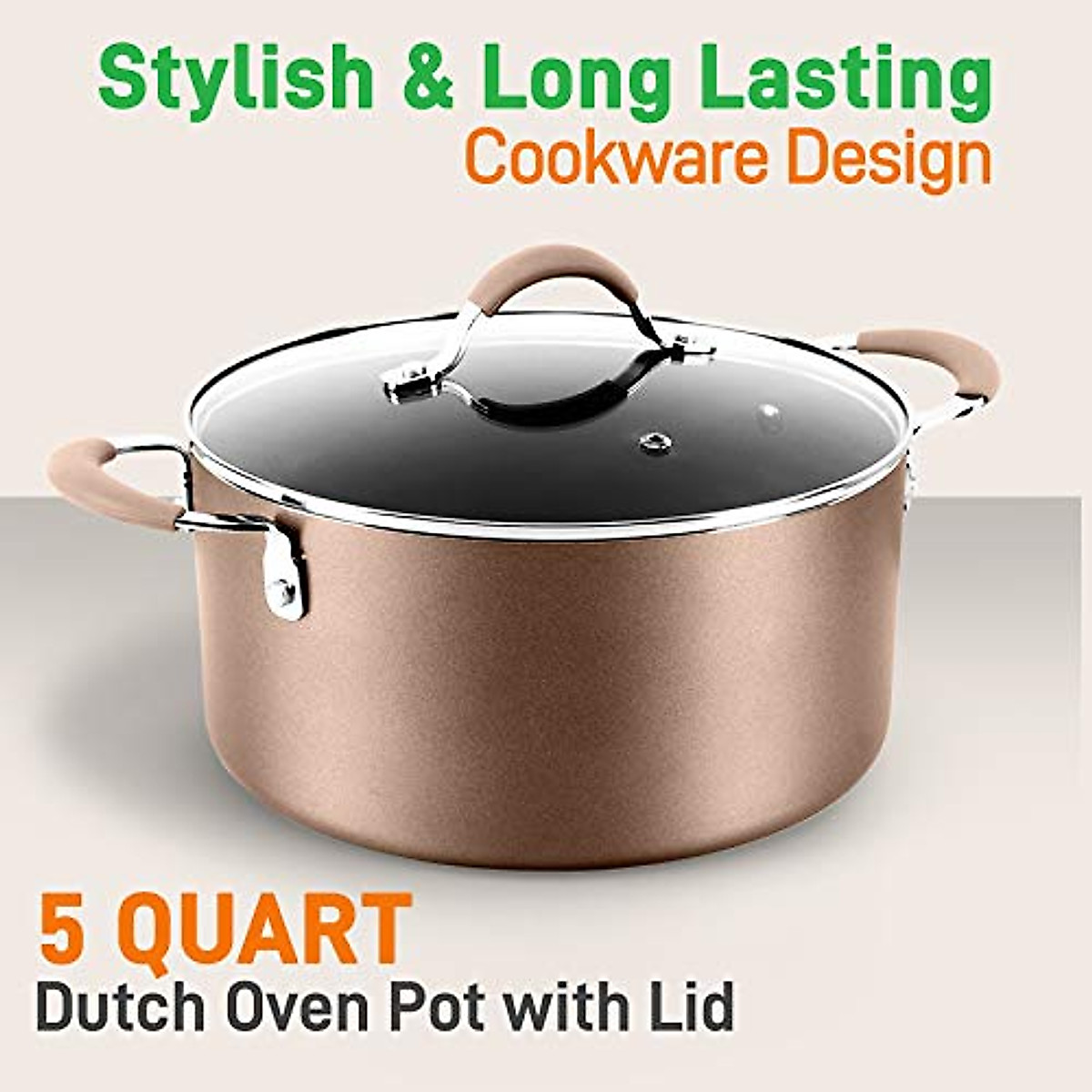 NutriChef Durable Non-Stick Cookware Dutch Oven, Large Pot | 5 Quarts, Compatible Models NCCW14S & NCCW20S, One Size, Brown