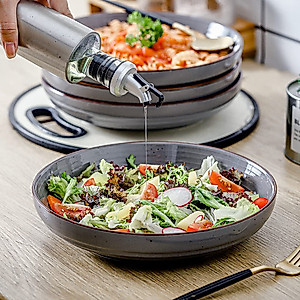 HVH 9.2 inch Large Pasta Bowls Set of 4, 40oz Big Salad Bowl Set of 4, Ceramic Plates Set, Shallow Bowls, Ceramic Bowls Set Microwave and Dishwasher Safe, Farmhouse Style (Grey)