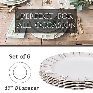 MAONAME 13" White Charger Plates, Antique Plate Chargers with Wipe Gold Waved Scalloped Rim, Plastic Chargers for Table Setting, Wedding decor, Set of 6