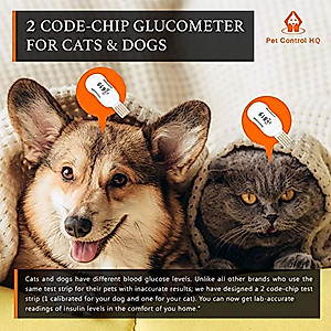 Pet Control HQ Blood Sugar Glucose Monitor System - Cat and Dog Glucose Monitoring Kit - Accurate Diabetes Testing 2 Calibrated Code-Chips, Lancets, Logbook - Monitor + 50 Test Strips