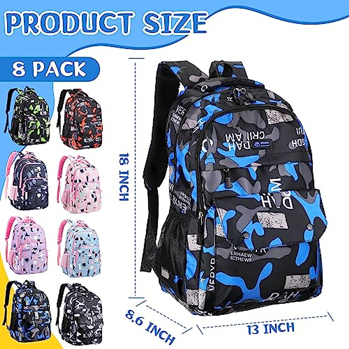 PerKoop 8 Pieces School Backpacks Bulk, 18 Inches Backpack for Back to School Supplies Donation, Backpacks for Elementary, Middle and High School Students