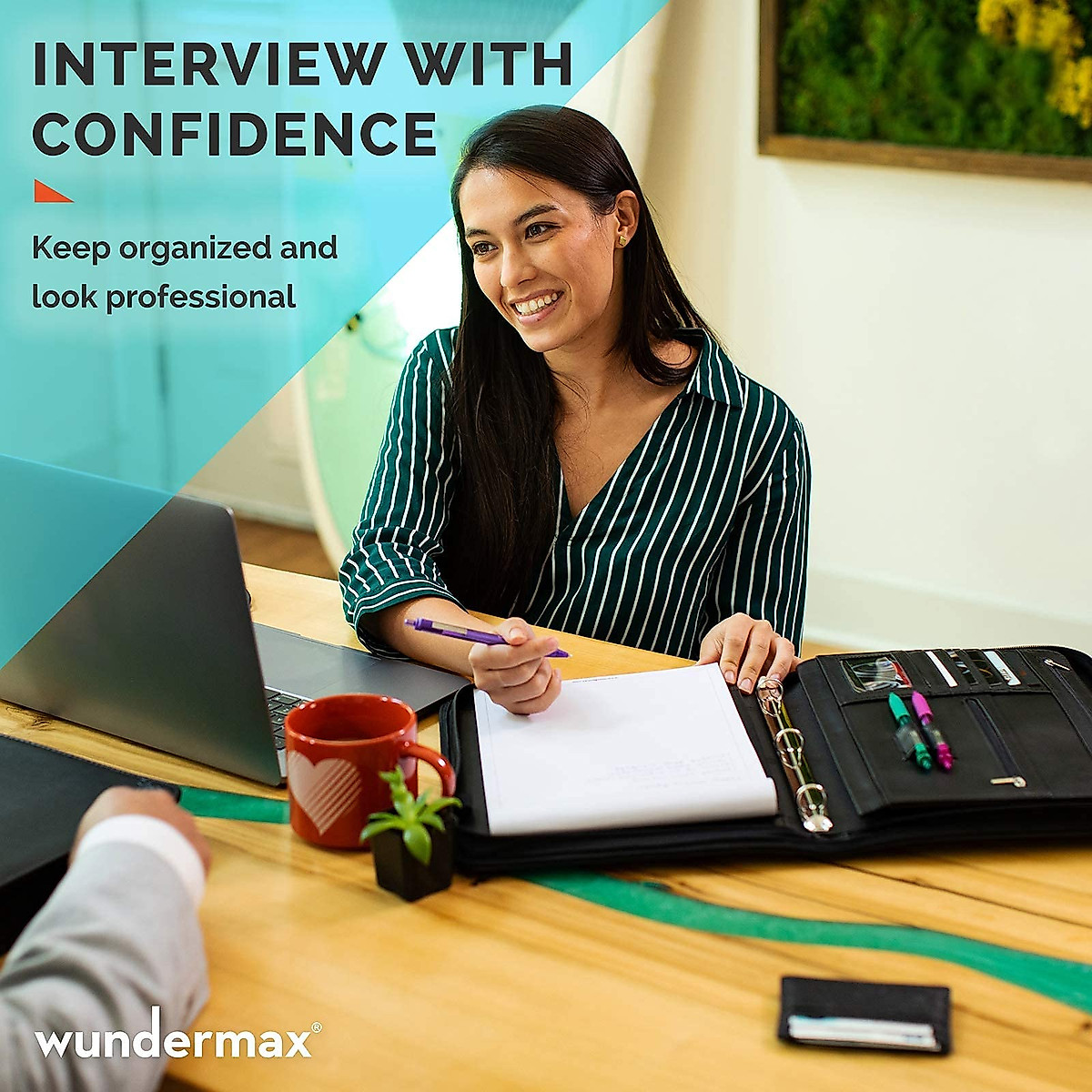 Wundermax Portfolio Binder - 13 x 10.7 x 1.9 Inch, Vegan Leather, 3-Ring Padfolio for Women and Men w/Handle, Zipper, Notepad, Detachable Binder and Pockets for Tablet, Resume and Documents - Black