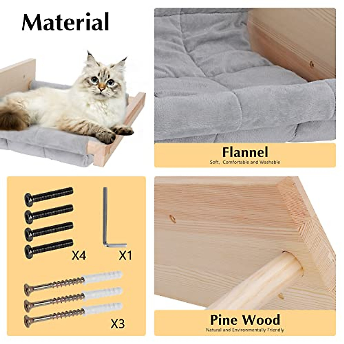 Topmart Cat Hammock Wall Mounted, Cat Wall Furniture for Sleeping, Playing, Climbing, Cat Wall Shelves& Cat Perch for Indoor Cats, Up to 35lbs, Gray