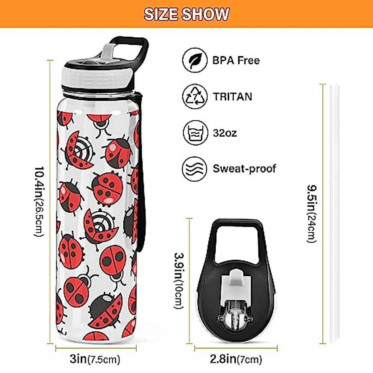 Boccsty Bright Ladybird Ladybugs Kids Water Bottle with Straw Sports Bottles BPA-Free Tritan Plastic Water Jug for Women Men Gym Outdoors