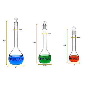 EISCO Premium Volumetric Flask Set - 50ml, 100ml & 250ml - Class A, ASTM E288 - Superior Durability & Chemical Resistance - Glass Penny Stoppers - Borosilicate 3.3 Glass