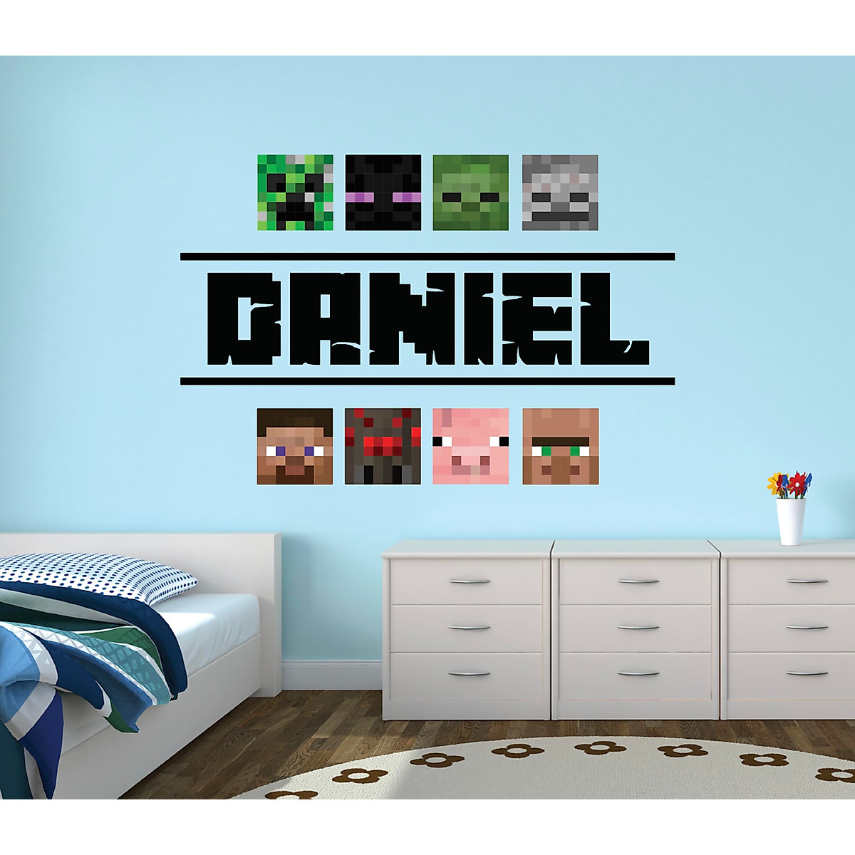 Personalized Gaming Name Wall Decals - Famous Video Game Sticker for Kids Room - Gamer Room Bedroom Stickers - Mine Removable Wall Decal for Boys Playroom Art Mural Vinyl Poster Wall Decor