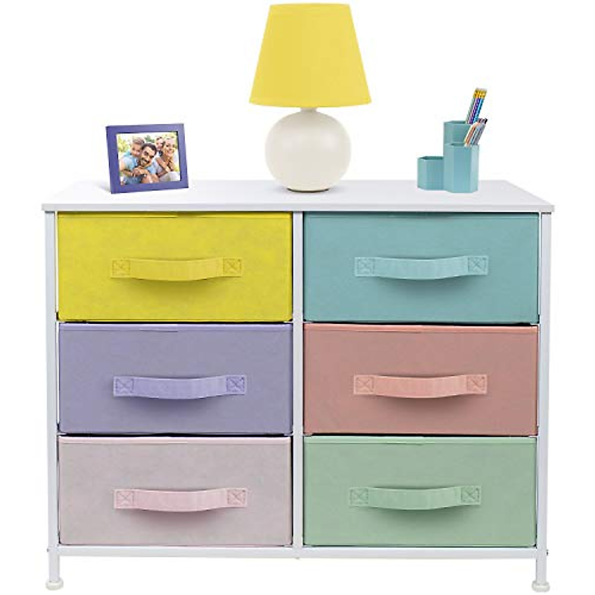 Sorbus Dresser with 6 Drawers - Furniture Storage Tower Unit for Bedroom, Hallway, Closet, Office Organization - Steel Frame, Wood Top, Easy Pull Fabric Bins (Pastel/White)