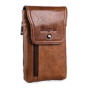 Hengwin Phone Holster Case with Belt Clip, Genuine Leather Belt Pouch Belt Case Cell Phone Holder for iPhone 14 Pro Max 11 Pro Max Xs Max XR 7 Plus 8 Plus 6s Plus (Fits Cellphone with Case On) (Brown)