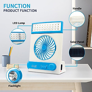 Ansee Solar Fan Camping Fan Cooling Table Fans 3 in 1 Multi-Function with Eye-Care LED Table Lamp Flashlight Torch Solar Panel Adaptor Plug for Home Use Camping (Blue)