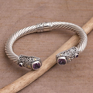 NOVICA Handmade Barong Crest - 6" L x 0.5" W, 18k Gold Accents .925 Sterling Silver Rope Pattern Cuff Bracelet, 3CT Amethyst Bangle Design