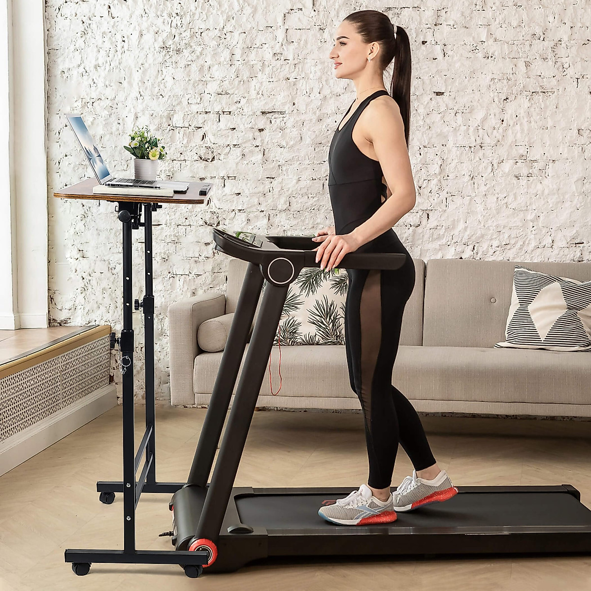 Small Standing Desk Adjustable Height,Rolling Computer Desk,Mobile Standing Desk with Wheels,Portable Stand Up Desk,Tall Computer Table,Adjustable Desktop Sit Stand Desk,Size 31.5x15.7 Inch Brownish C