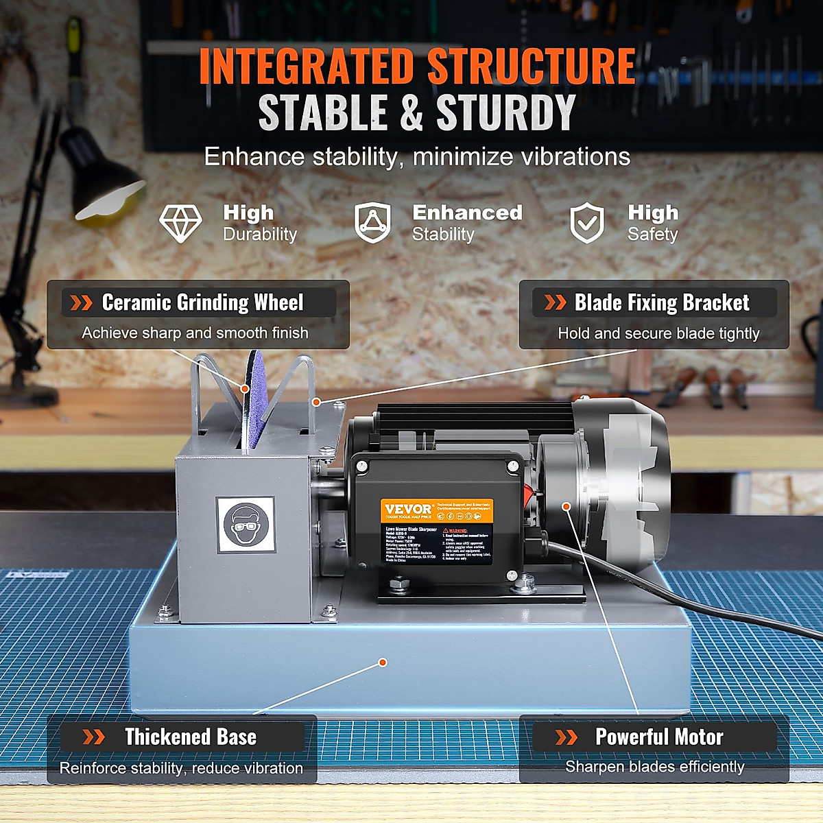 VEVOR Lawn Mower Blade Sharpener, 1HP 750W Lawnmower Blade Grinder with 9-inch Ceramic Grinding Wheel, Powerful Bench Mower Sharpening Machine for High/Low Lift Blades, Gator Blades, Flat Blades