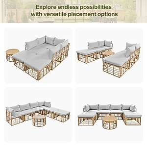 7 Pieces Outdoor Patio Furniture Sectional Sofa Set with Coffee Table, All-Weather Rattan Conversation Set with Thick Cushions and Pillows for Garden Backyard Balcony, Freely Combined (Grey-7S)