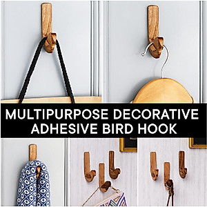Indian Shelf 3 Hook, 6 Strips Cute Bird Decorative Adhesive Wall Hooks for Hanging Unique No Damage Wood Wall Hooks
