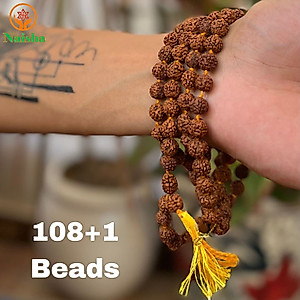 NAISHA (Pack of 3 Rudraksha Stretchable Bracelet 2 Pc. & Rudraksha Mala 108+1 Beads Necklace 5 mukhi Paanch mukhi 5 face Rudraksha, Prayer Beads, Wrist Mala Wrap, Jaap Mala, Bead Size 8 mm