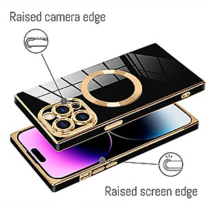 LSL Magnetic Case for iPhone 14 Pro Max [Compatible with MagSafe] Soft TPU Bumper Anti-Drop Anti-Scratch Shock Absorption Slim Cover Luxury Plating Full Camera Lens Protective Square Case - Black