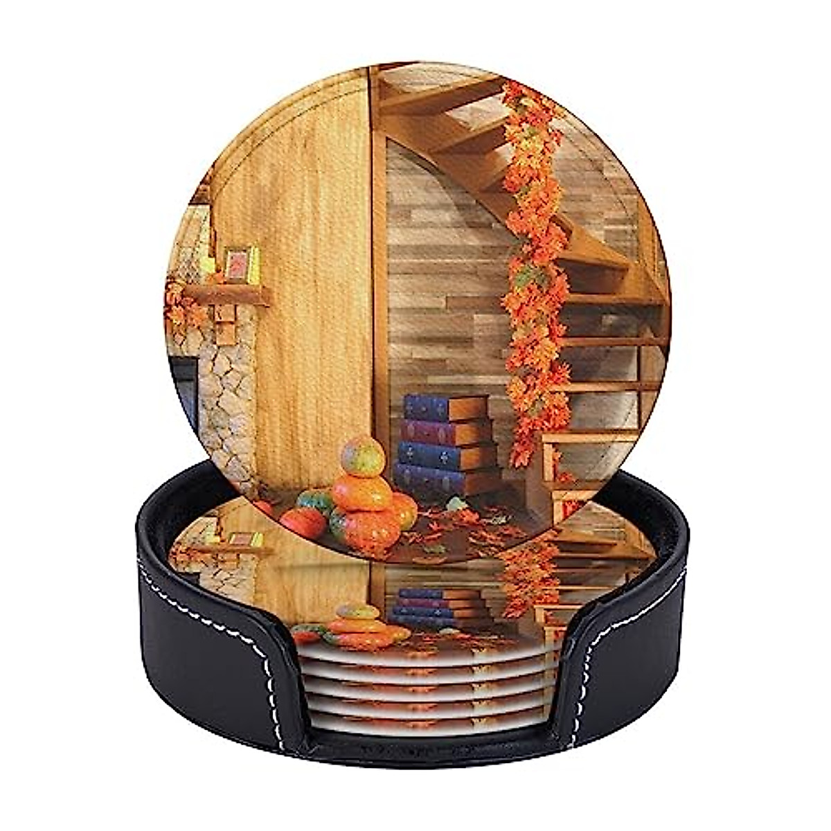 Halloween Pumpkin Sunflower Printed Coasters Set of 6 Pu Leather Round Coasters with Holder Heat Resistant Drink Coasters Coffee Cup Mat for Kitchen Office Bar