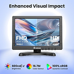 Eyoyo 10 inch Monitor HDMI LCD Monitor 1920x1200 16:10 IPS Screen Display with BNC VGA AV Output for CCTV DVD PC Laptop DVR Built-in Loudspeakers
