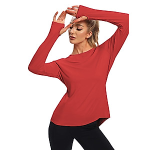 Mippo Open Back Workout Tops Long Sleeve Yoga Gym Athletic Active Wear Shirts Backless Seaters Thumb Hole Tshirts Work Out Clothes for Women Loose Fit Red S