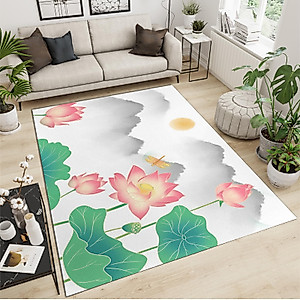 Lotus Lotus Leaf Rugs,Vintage Ink Painting Living Room Carpet Washable Flannel with Non-Slip Carpet Bedroom Dining Room Office Entrance2 x 6ft