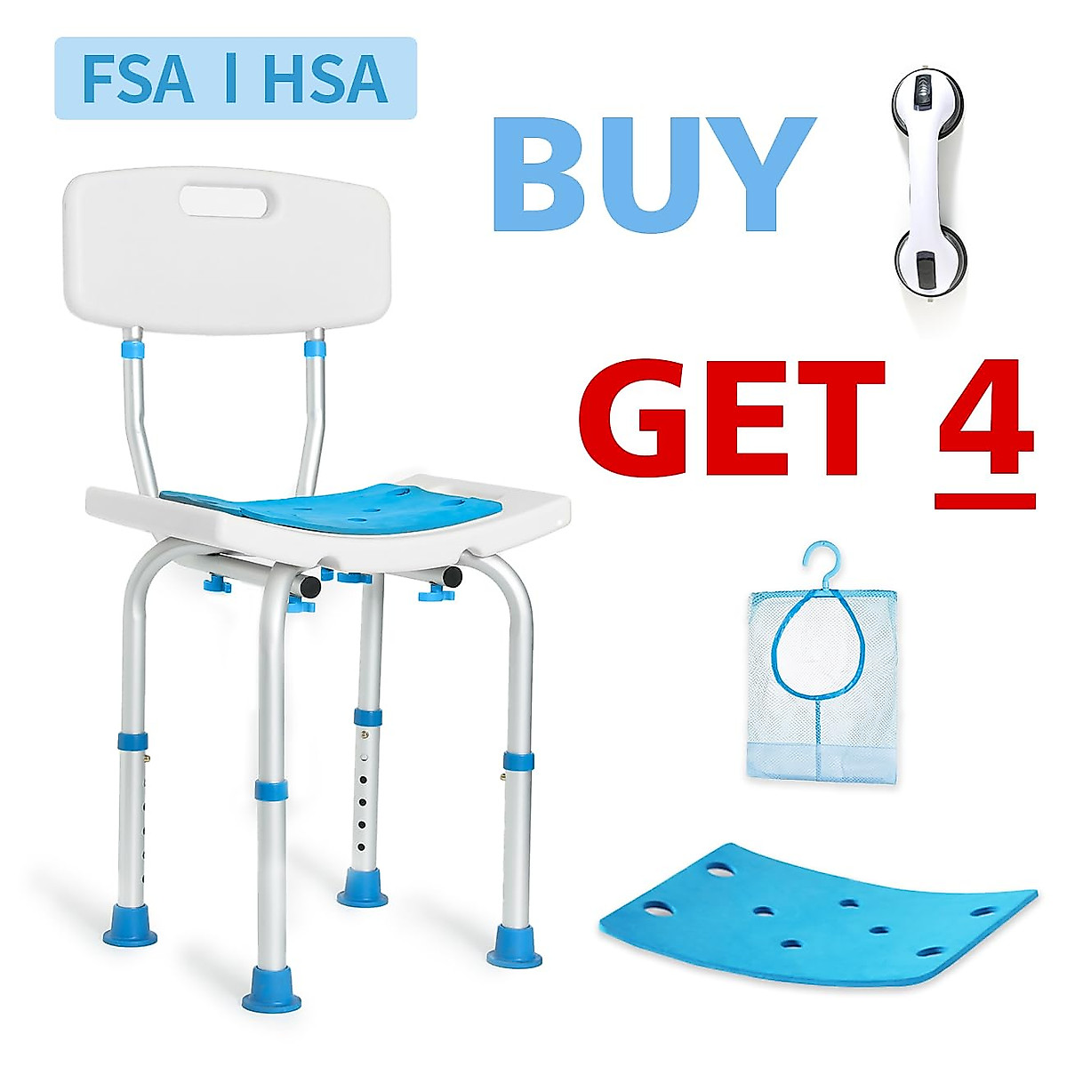 Adjustable Shower Chair with Back, HSA/FSA Eligible Shower Stool for Inside Shower, Tool-Free Shower Seat for Inside Shower, Waterproof Shower Chair for Inside Bathtub for Elderly/Handicap by SOUHEILO