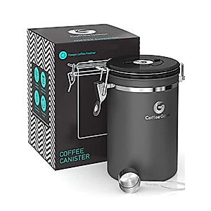 Coffee Gator Stainless Steel Coffee Grounds and Beans Container Canister with Date-Tracker, CO2-Release Valve and Measuring Scoop - Large, 22oz, Gray