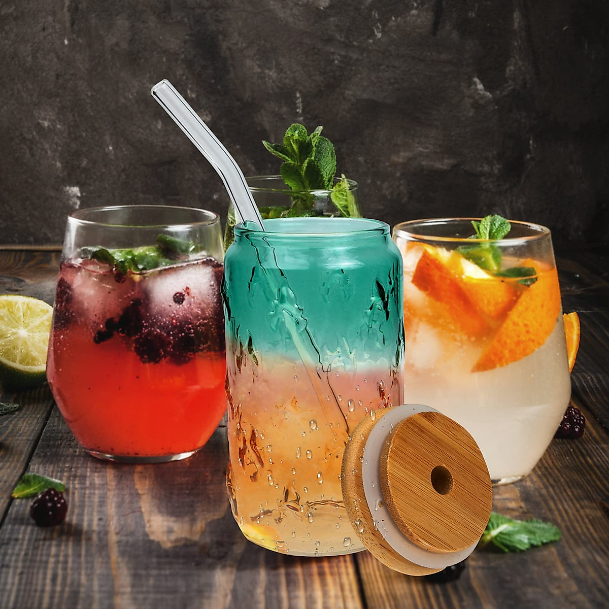 Hemoton Drinking Cup Glass Cups Water Cups Drinking Glasses with Bamboo Lids and - 12oz (350ml) Can Shaped Cups, Beer Glasses, Iced Coffee Glasses (Orange) Cold Drink Cups Flutes