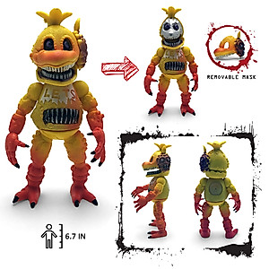 Toysvill Inspired by Five Nights at Freddy Game Action Figures Toys (FNAF) Toy, Set 6 pcs, Height 6in [Nightmare Foxy, Freddy, Bonnie, Fazbear, Chica and Human Security] with Masks