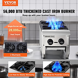 VEVOR Commercial Gas Stove with 2 Burners, Propane and Natural Gas Countertop Cooking Stove Range, Stainless Steel Gas Hot Plate, Commercial Cooking Equipment for Restaurant, 56,000 BTU