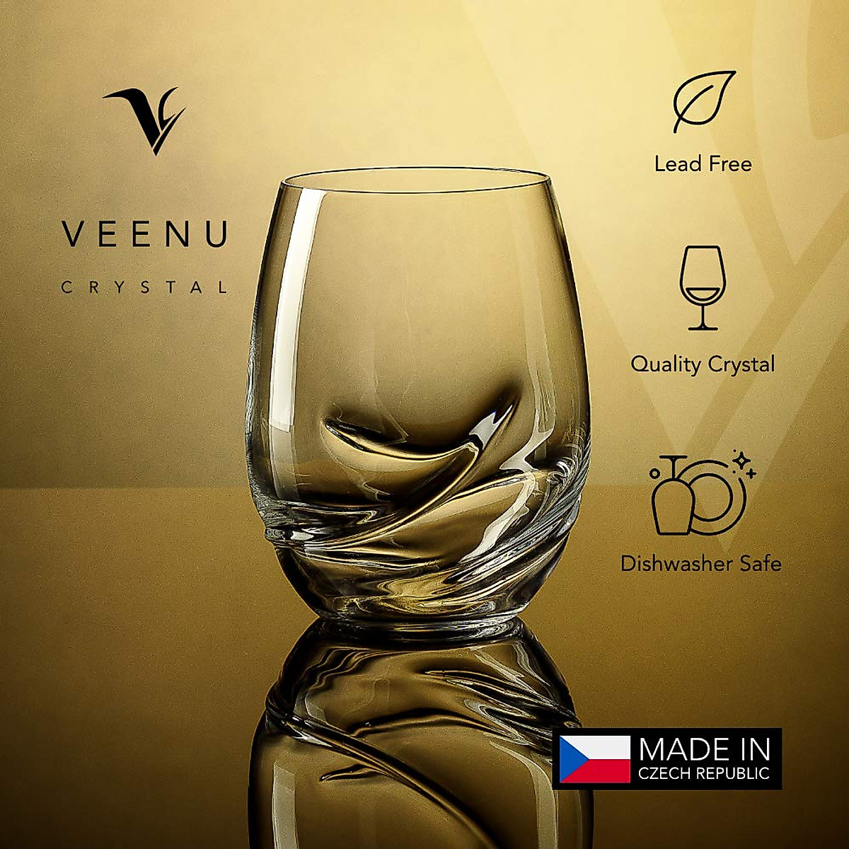 VC VEENU CRYSTAL Tumbler Glasses Set Of 2, Stemless Drinking Elegant Drinkware Glasses Set with Modern Lines, Dishwasher Safe, 100% Lead-Free Glass (16.9 Oz)