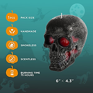 CANDWAX 6x4.3 inch Black Red Skull Candle - Ideal as Spell Candles and Halloween Candles - Themed Candles for Spooky Halloween Decorations - Red Inside, Big Size