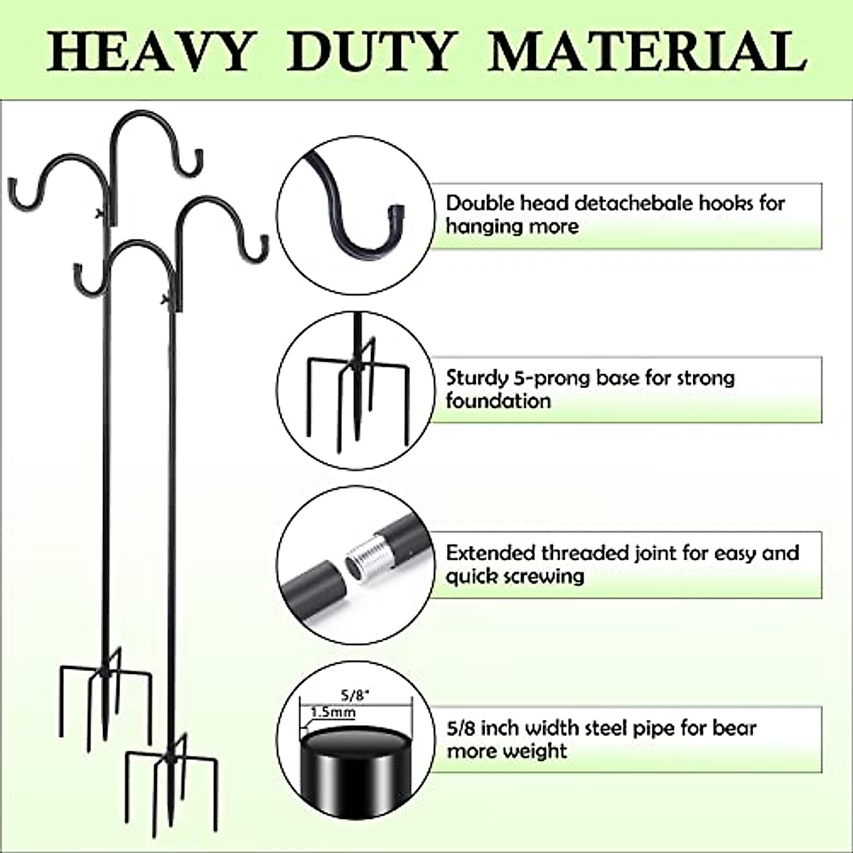 KENNEDICH Double Shepherds Hooks 2 Pack Bird Feeder Holder 63"/47"/32" Adjustable, Heavy Duty Outdoor Hummingbird Feeder Stand Pole Shepherd Hooks for Hanging Plant Baskets,Lanterns,Wedding Decor